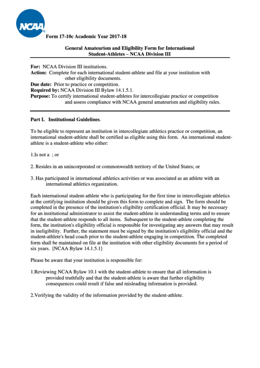 Fillable General Amateurism And Eligibility Form For International ...