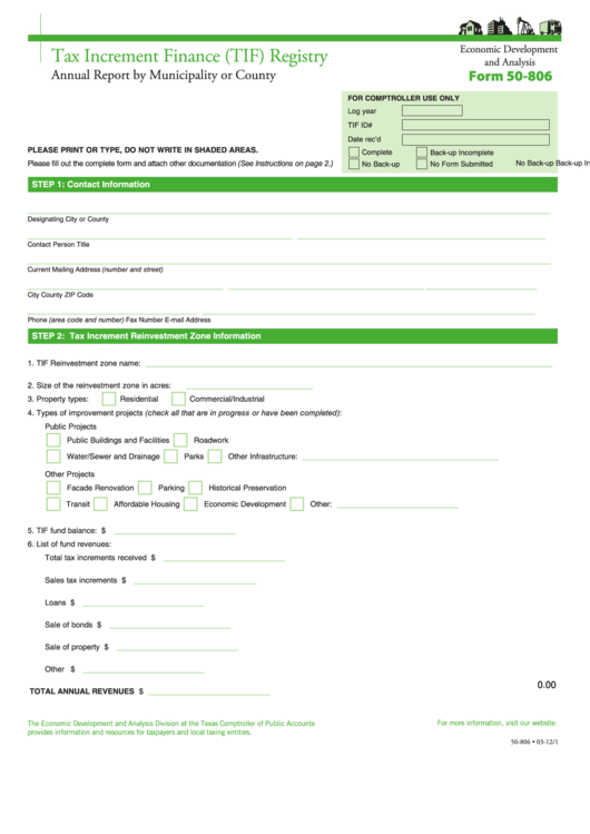 Fillable Form 50-806 - Tax Increment Finance (Tif) Registry - Annual ...