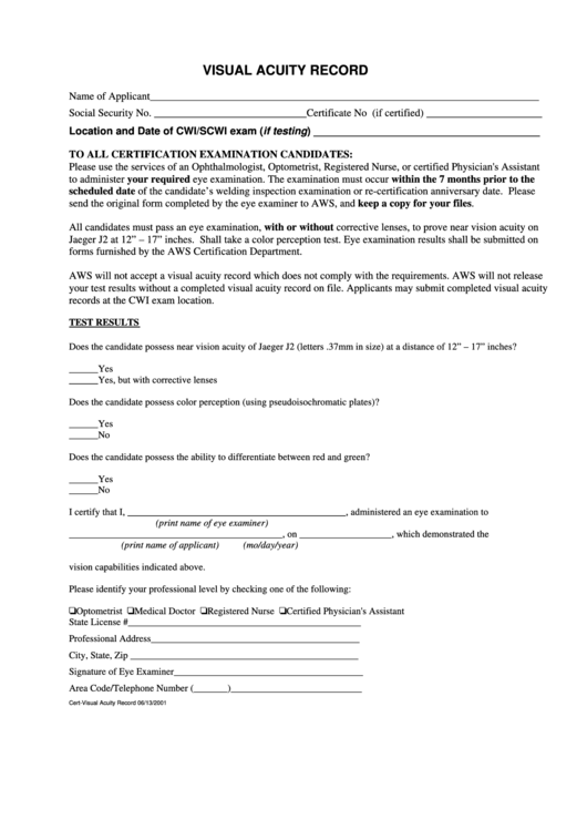 Visual Acuity Record Printable Pdf Download
