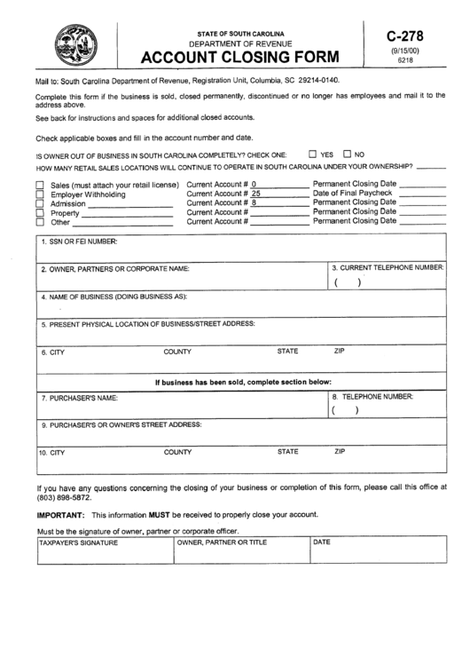 Form C-278 - Account Closing Form printable pdf download