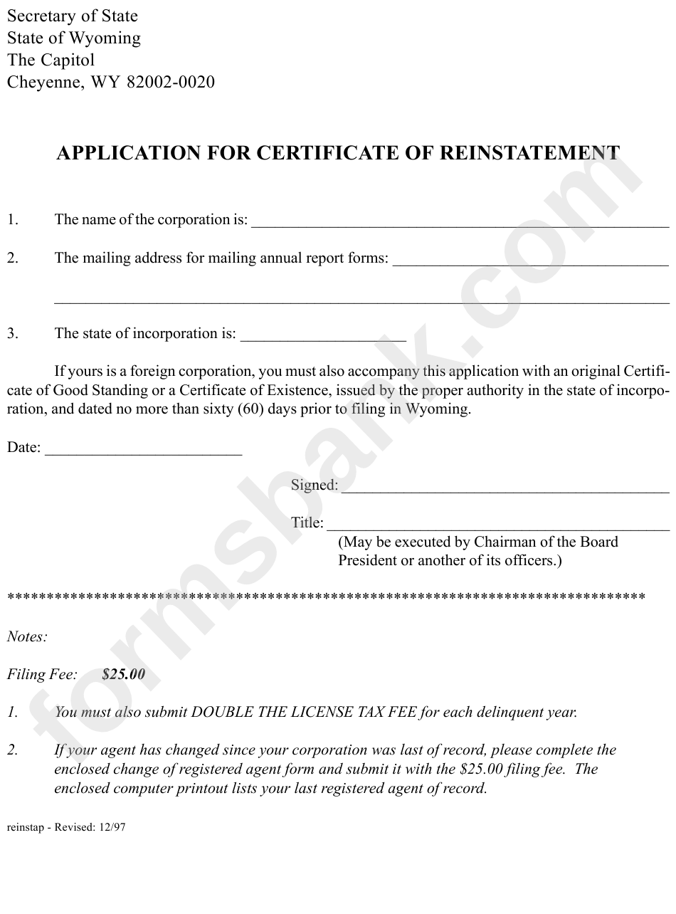 Application For Certificate Of Reinstatement printable pdf download