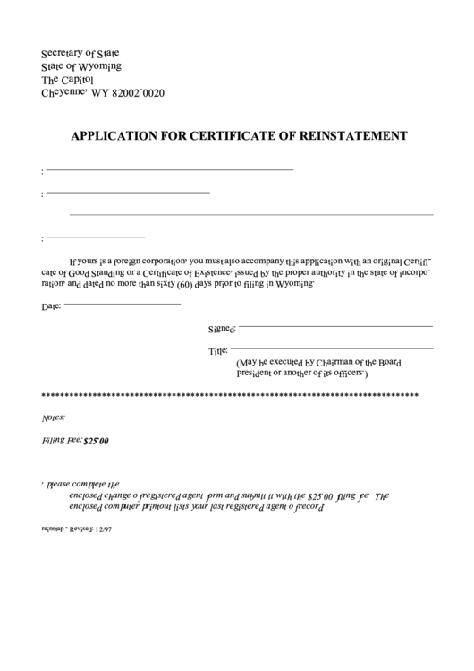 Application For Certificate Of Reinstatement printable pdf download