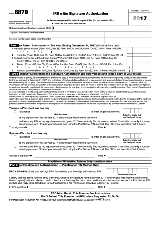Fillable Form 8879 Irs E File Signature Authorization 2017
