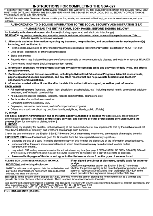 Form Ssa 827 Inst Instructions For Completing The Ssa 827 Printable 