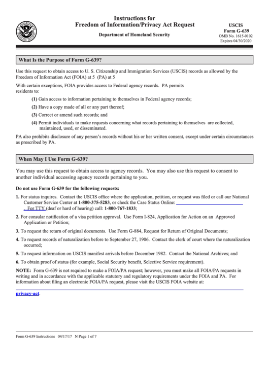Instructions For Form G 639 Freedom Of Information Act privacy Act