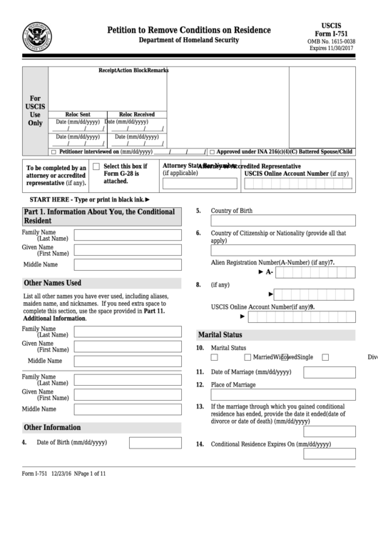 Fillable Form I 751 Petition To Remove Conditions On Residence
