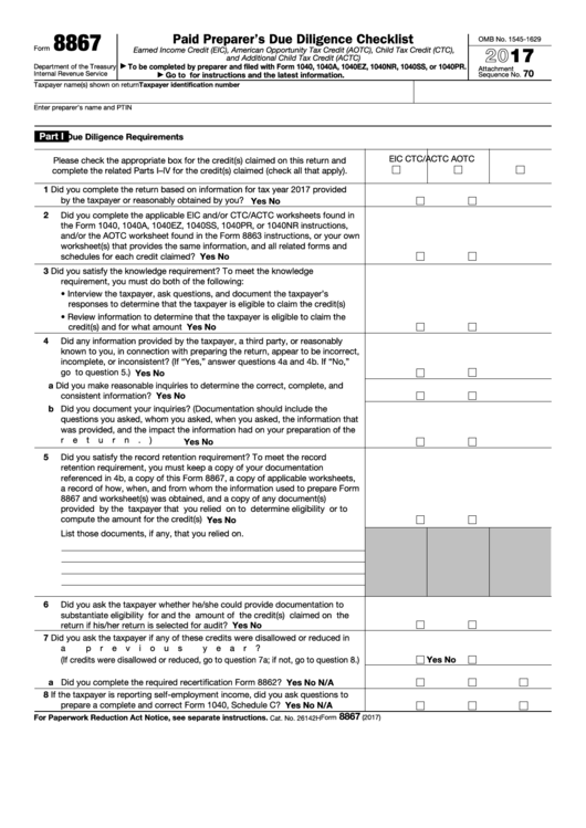 Fillable Form 8867 Paid Preparer S Earned Income Credit Checklist Fillable Form 8867 Paid Preparer S Earned Income Credit Checklist