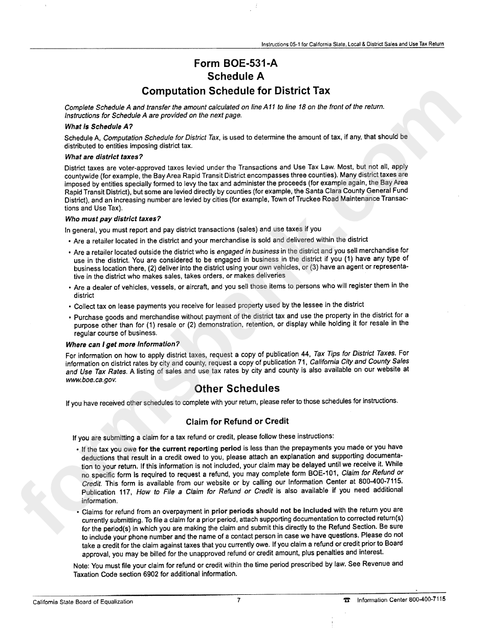 Instruction For Form Boe-531-A - Schedule A Computation Schedule For ...