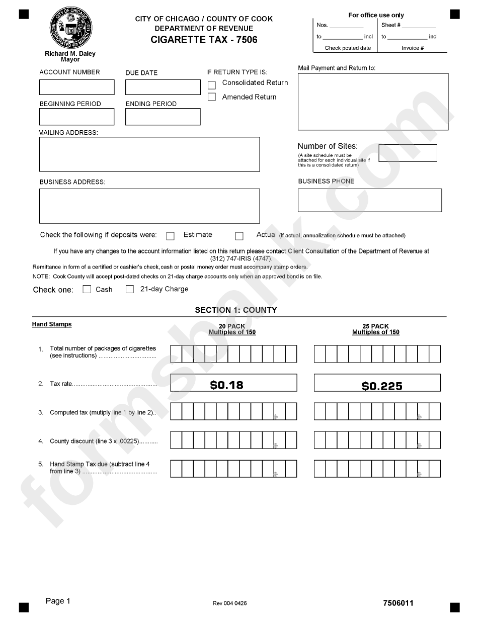 Cigarette Tax - 7506 - City Of Chicago printable pdf download