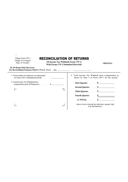 Form Cw-1 - Reconciliation Of Returns printable pdf download