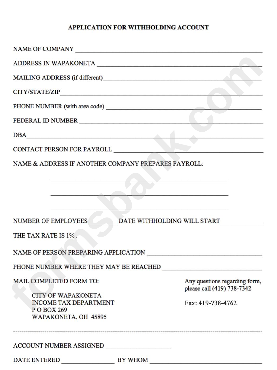 Application For Withholding Account printable pdf download