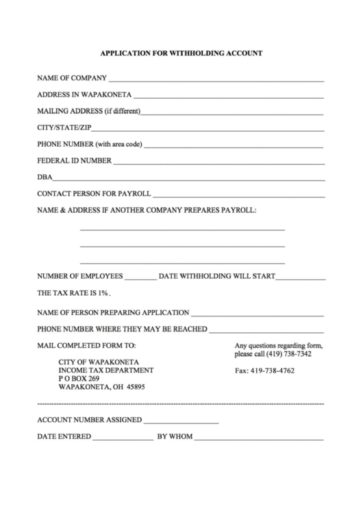 Application For Withholding Account printable pdf download