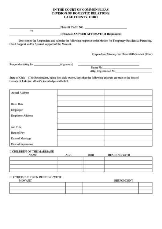 Fillable Answer Affidavit Of Respondent printable pdf download
