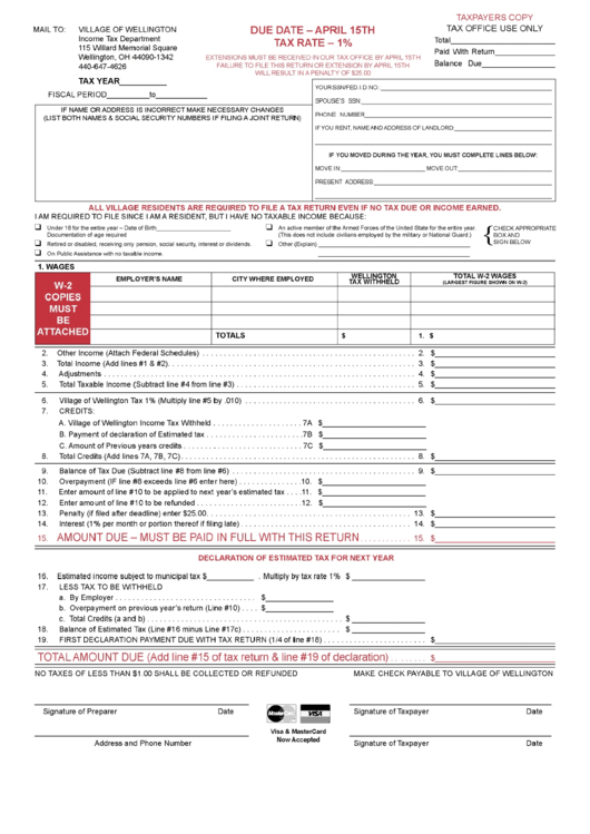 Income Tax Return - Village Of Wellington,ohio printable pdf download