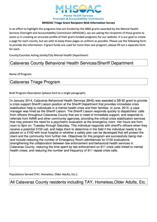 Fillable Mhsoac Triage Grant Recipient Web Information Survey printable ...