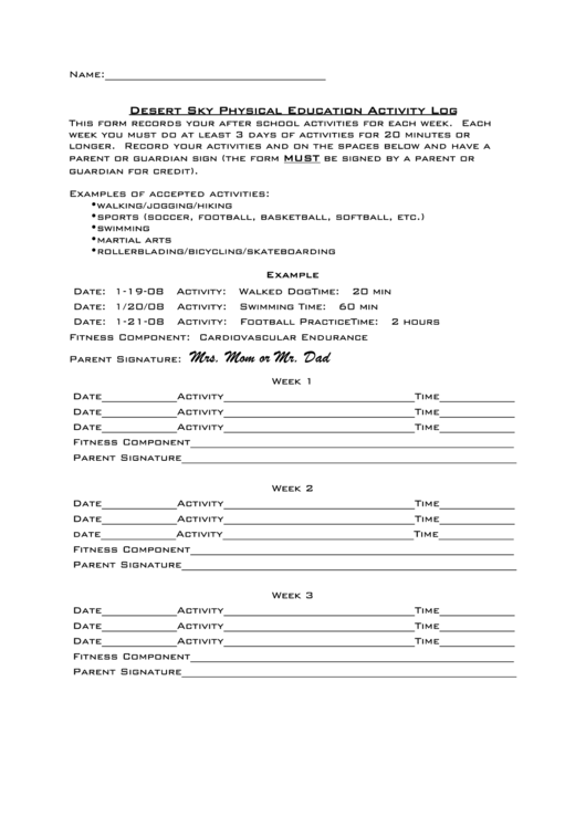 Physical Education Activity Log Printable Pdf Download