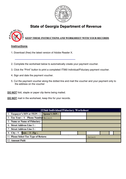 Fillable Form It560 - Individual/fiduciary Worksheet - State Of Georgia ...