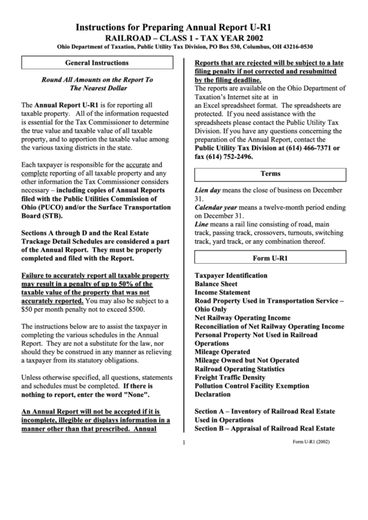 Instructions For Preparing Annual Report U-R1 - Railroad - Class 1 ...