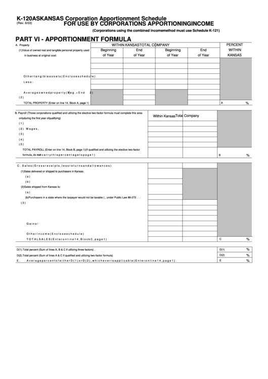 Form K-120as - Kansas Corporation Apportionment Schedule printable pdf ...