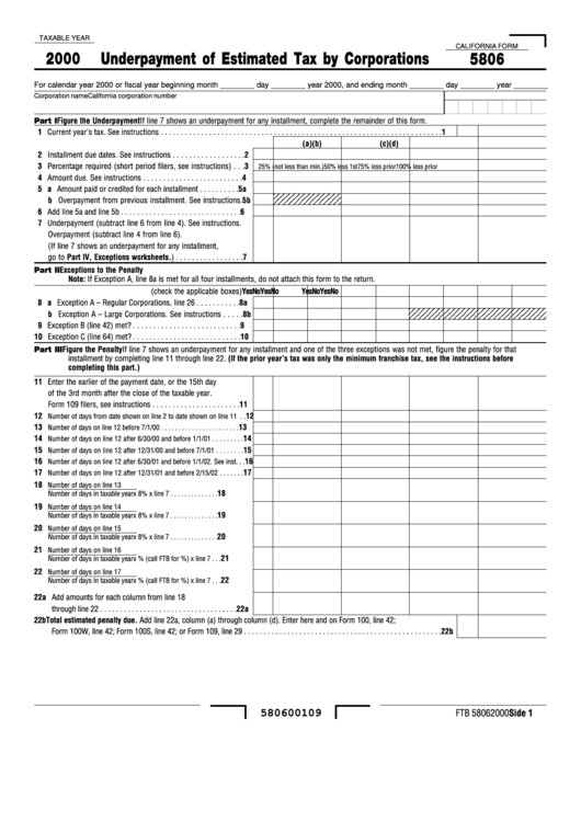 California Form 5806 - Underpayment Of Estimated Tax By Corporations ...