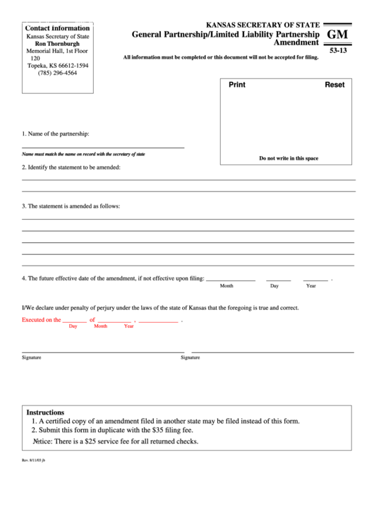 Fillable Form Gm 53-13 - General Partnership/limited Liability ...