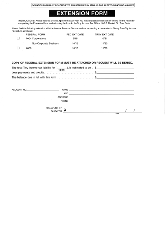 Fillable Extension Form - State Of Ohio printable pdf download