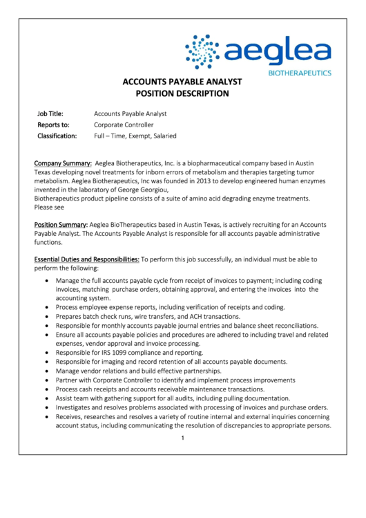Accounts Payable Analyst Position Description Printable Pdf Download