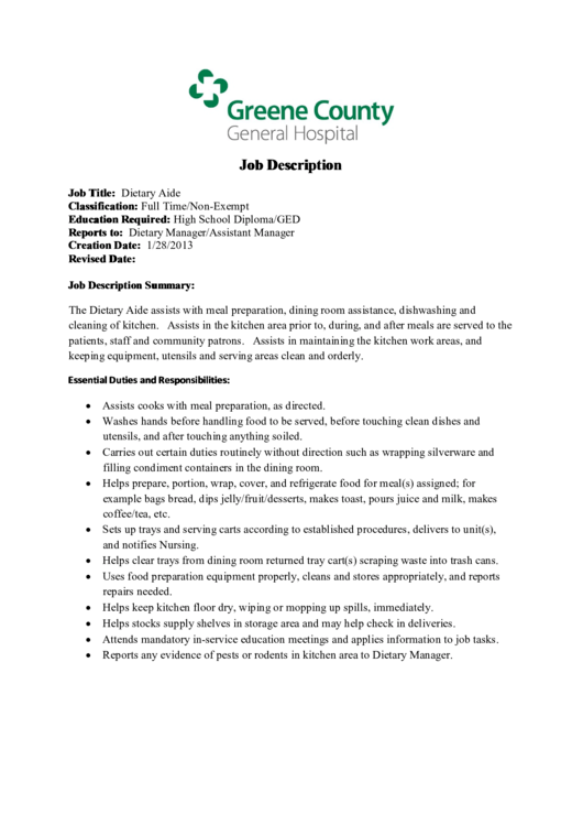 Job Description - Dietary Aide printable pdf download