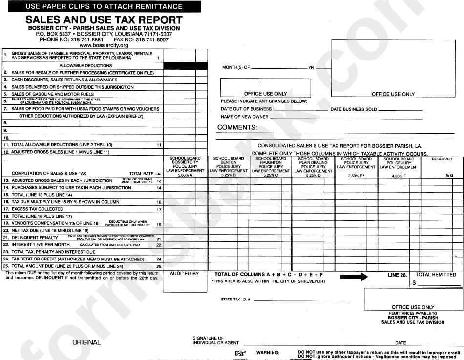 Sales And Use Tax Report - Bossier City printable pdf download