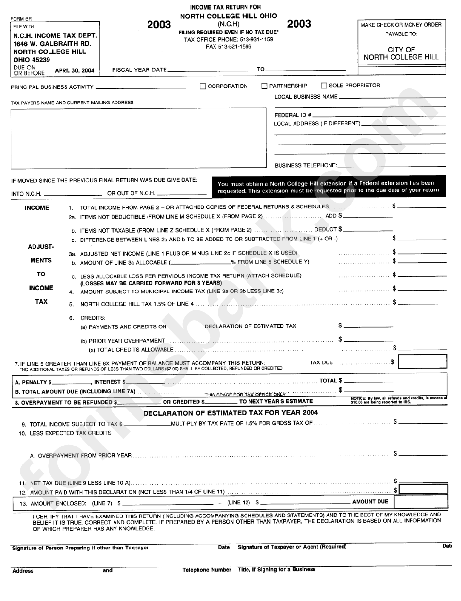 Form Br - Income Tax Return - City Of North College Hill Income Tax ...