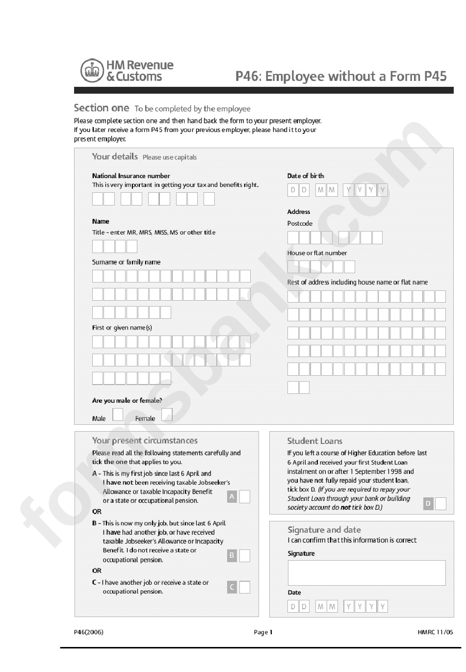 Form P46 - Employee Without A Form P45 - 2006 printable pdf download