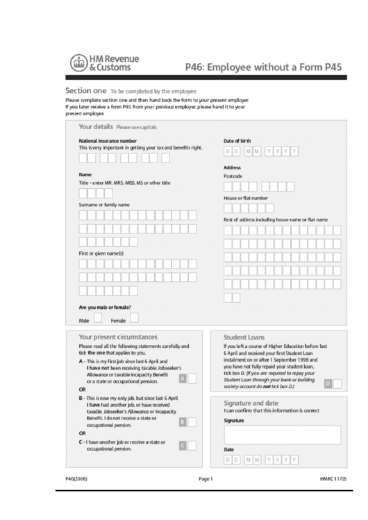 Form P46 - Employee Without A Form P45 - 2006 printable pdf download