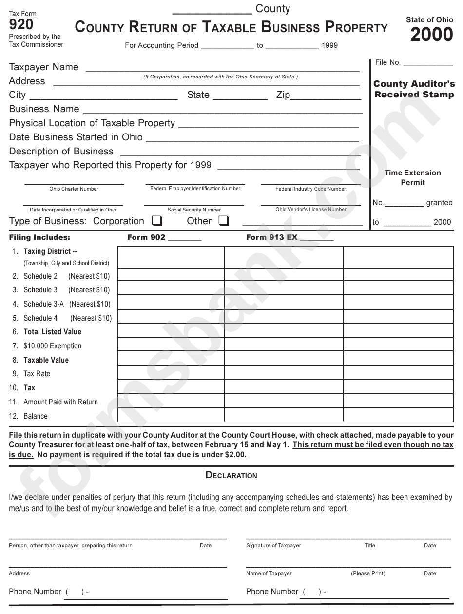 Tax Form 920 - County Returnof Taxable Business Property - 2000 ...