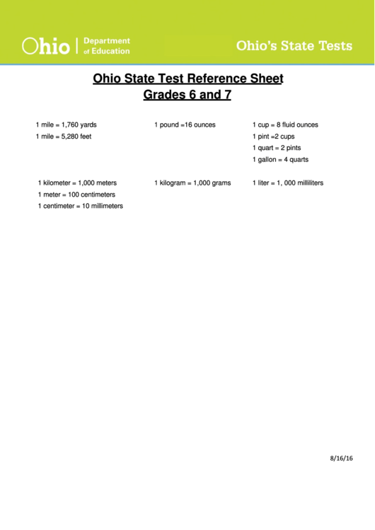Ohio State Test Reference Sheet Grades 6 And 7 Printable Pdf Download