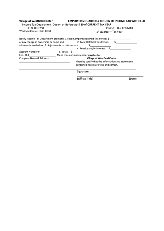 Fillable Employer'S Quarterly Return Of Income Tax Withheld printable ...