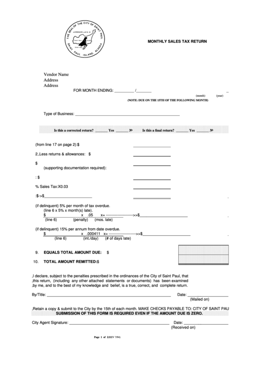 Monthly Sales Tax Return printable pdf download