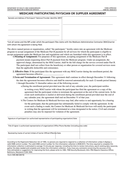Fillable Form Cms 460 Medicare Participating Physician Or Supplier
