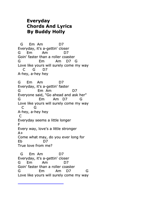 Everyday By Buddy Holly - Chords And Lyrics printable pdf download