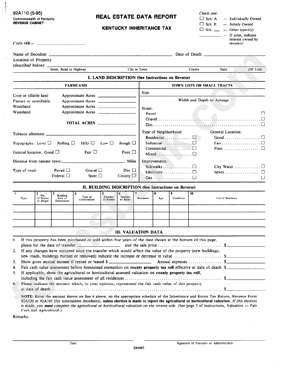 Fillable Form 92a110 - Real Estate Data Report - Kentucky Inheritance ...