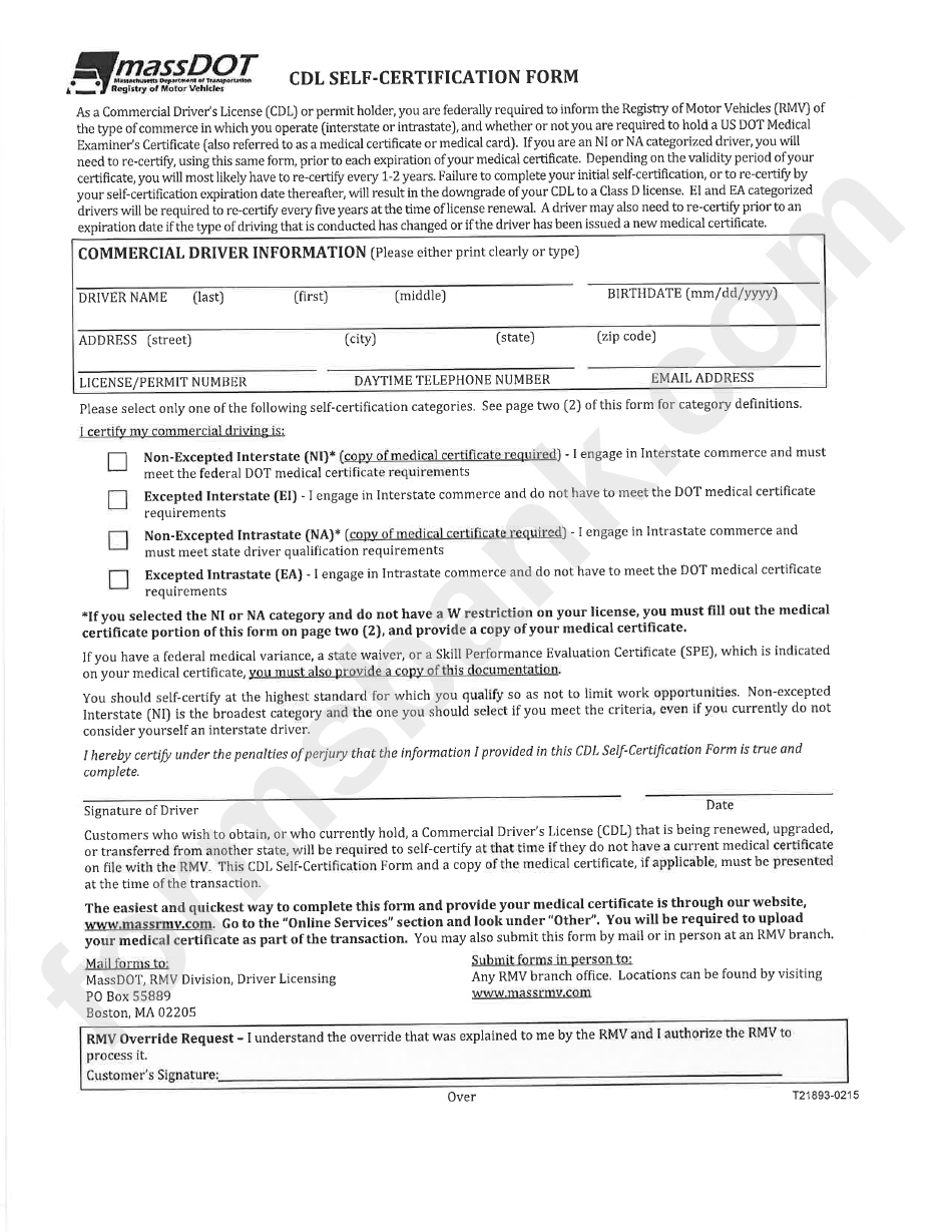 Cdl Self Certification Form Massachusetts Department Of 