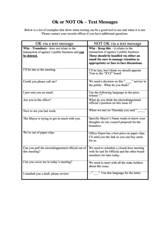 Ok Or Not Ok - Text Messages Cheat Sheet printable pdf download