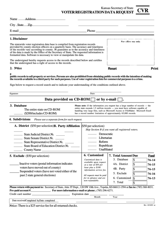 Fillable Form Cvr - Voter Registration Data Request - Ks Secretary Of ...