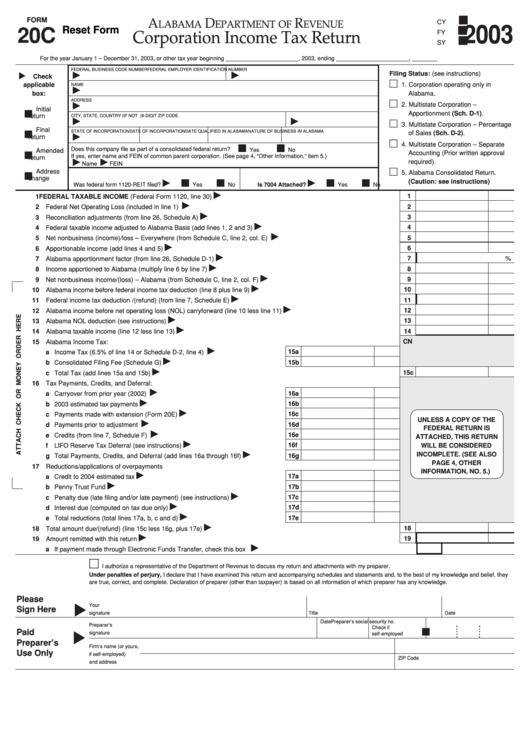 Fillable Form 20c - Corporation Income Tax Return - 2003 printable pdf ...