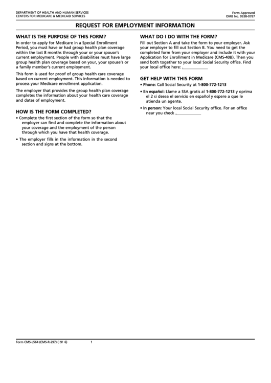 Fillable Form Cms L564 Cms R 297 Request For Employment Information