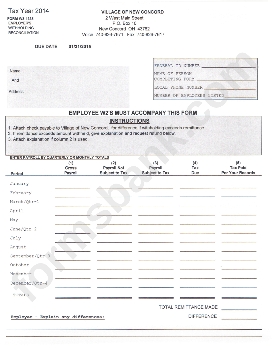 Form W3 1335 - Employer'S Withholding Reconciliation -2014 printable ...