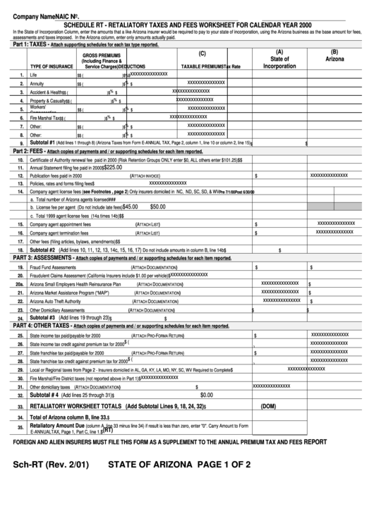 Schedule Rt - Retaliatory Taxes And Fees Worksheet For Calendar Year ...