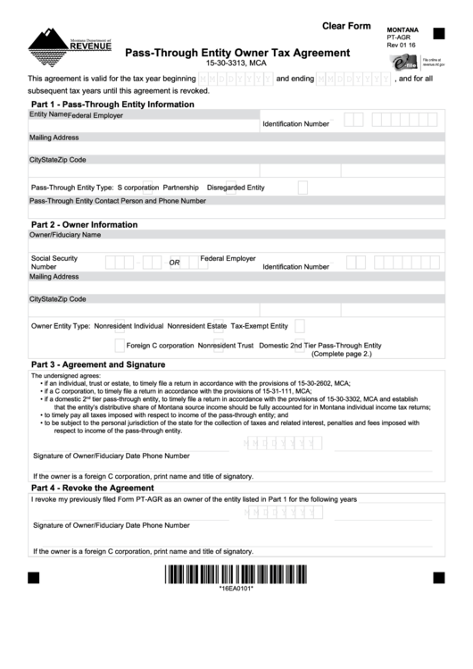Fillable Form Pt-Agr - Pass-Through Entity Owner Tax Agreement - 2016 ...