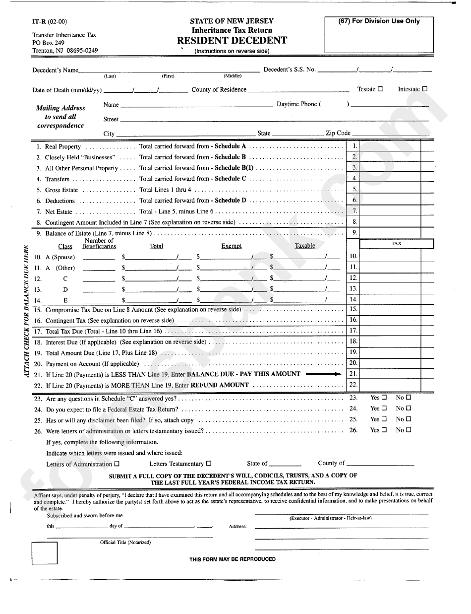 Form It-R - Resident Decedent - Inheritance Tax Return printable pdf download