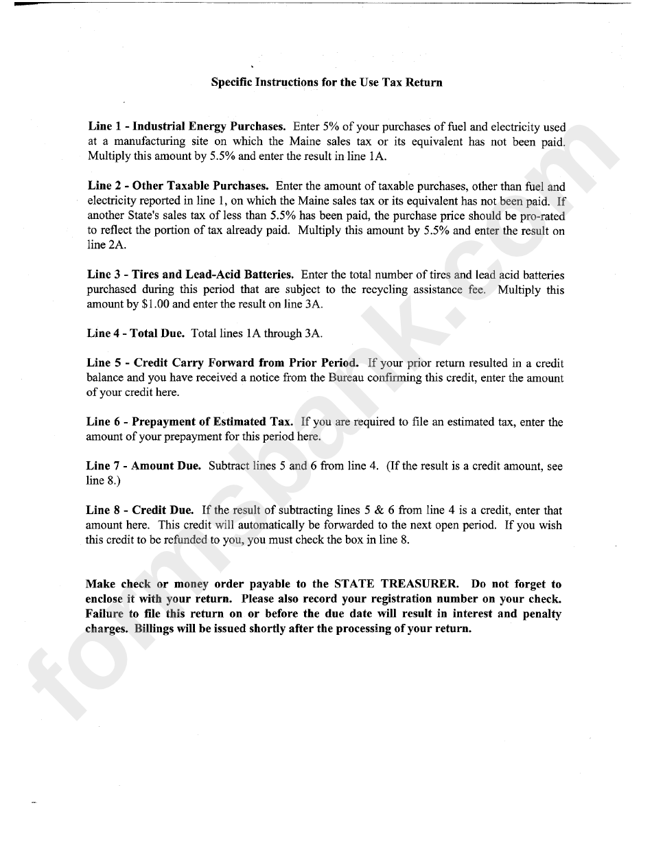 Specific Instructions For The Use Tax Return printable pdf download