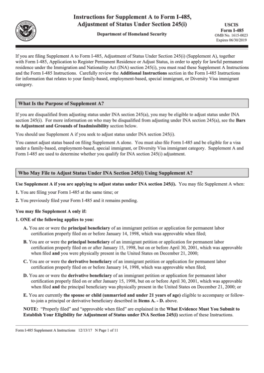Instructions For Supplement A To Form I 485 Adjustment Of Status Under